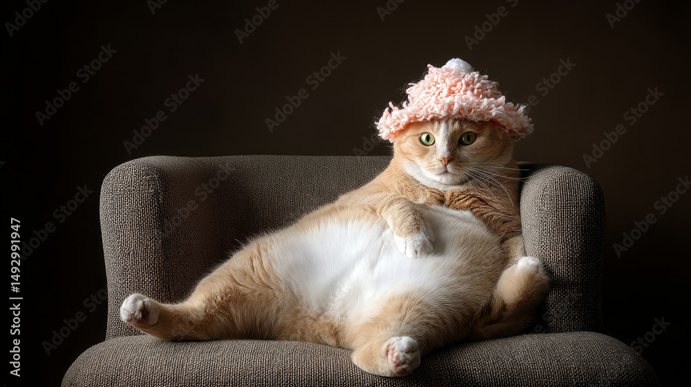 Domestic cat with signs of obesity thick belly and swollen fat muzzle ...