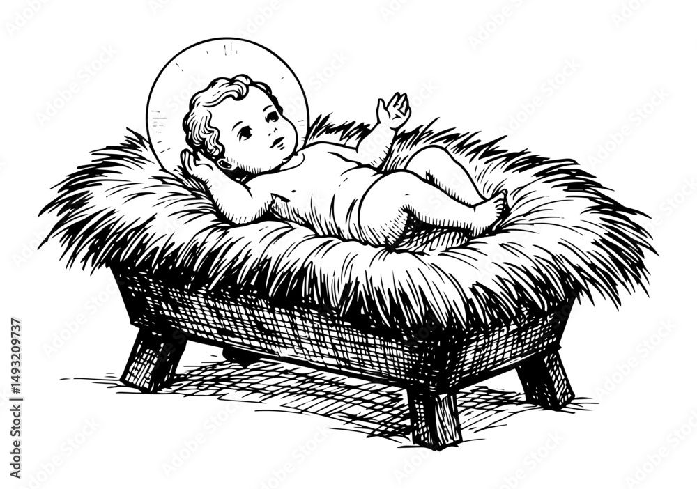 baby jesus in manger in nativity outline engraving style Stock Vector ...