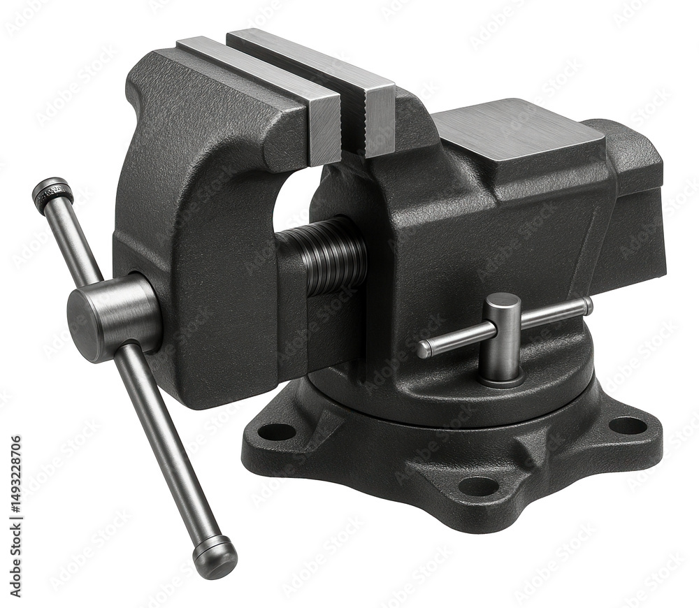 Heavy-duty metal bench vise with rotating base and adjustable jaws on ...