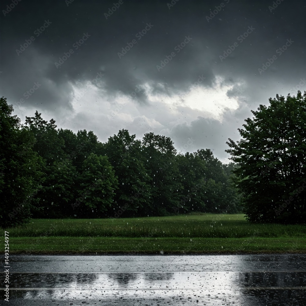 Realistic rainy countryside road with dark clouds and reflections rain ...