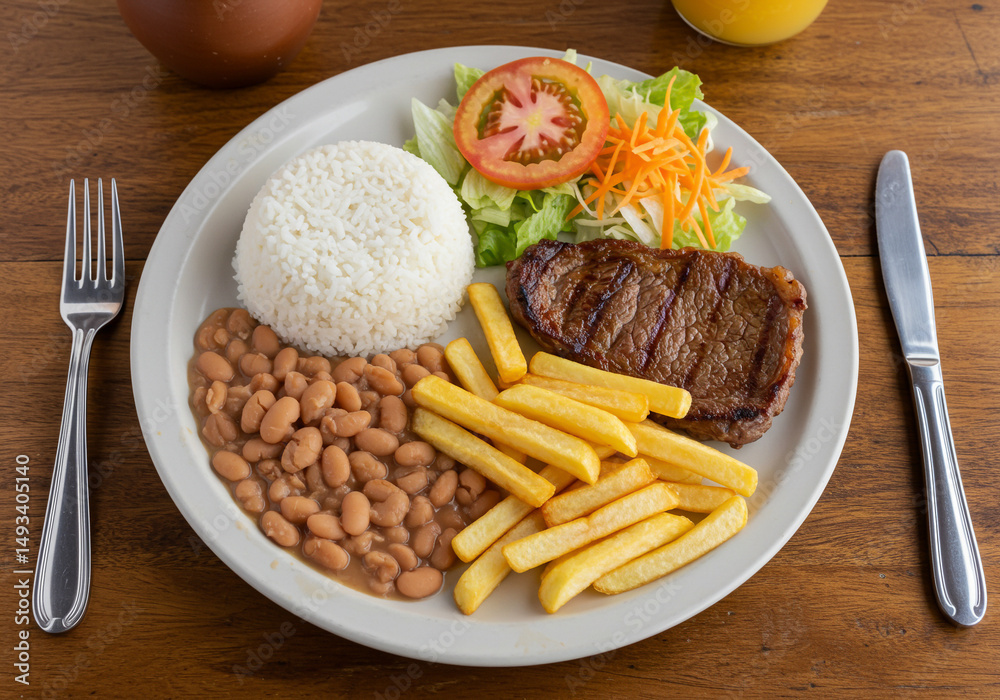 Prato Feito Brasileiro com Arroz, Feijão, Bife, Batata Frita, Couve e ...