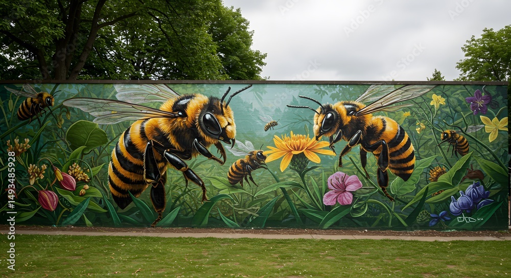 Bee Mural on Wall with Flowers Stock Photo | Adobe Stock