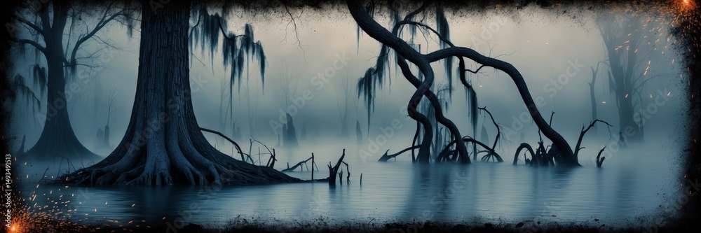 Dark mystical swamp landscape with gnarled trees and roots in water ...