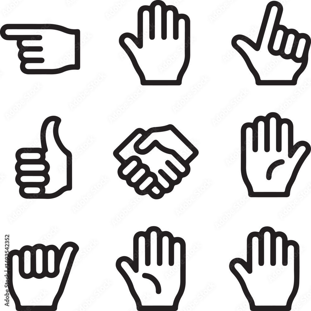 Collection of hand gesture icons representing communication approval ...