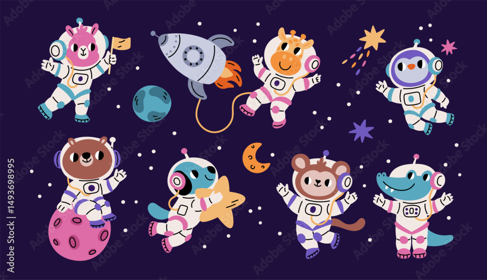 Cartoon Animals Astronauts Cute Fauna Characters In Space Suits Kids