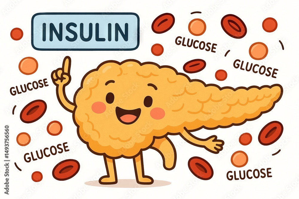 Happy cartoon pancreas celebrating insulin production with glucose and ...