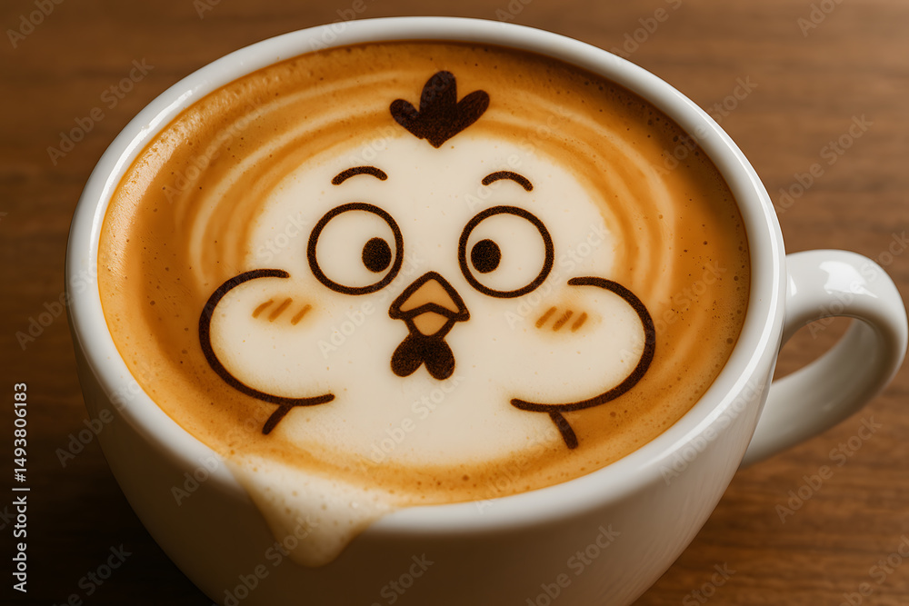 Cheek-Puffed Chicken Latte Art in Ceramic Coffee Cup Stock Photo ...