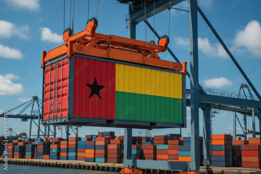 Crane lifting a container painted with the Ghana national flag in a ...