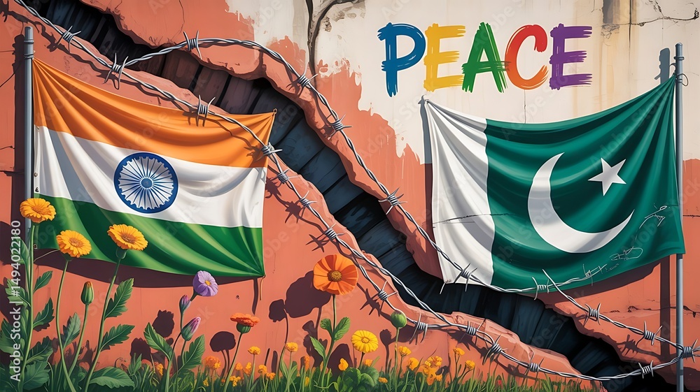 Flags of India and Pakistan painted on the concrete wall with soldier ...