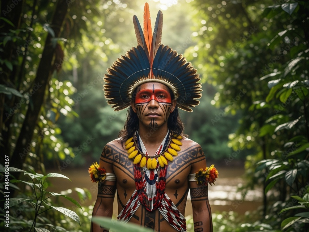 Thoughtful Brazilian indigenous man in the Amazon rainforest, wearing ...