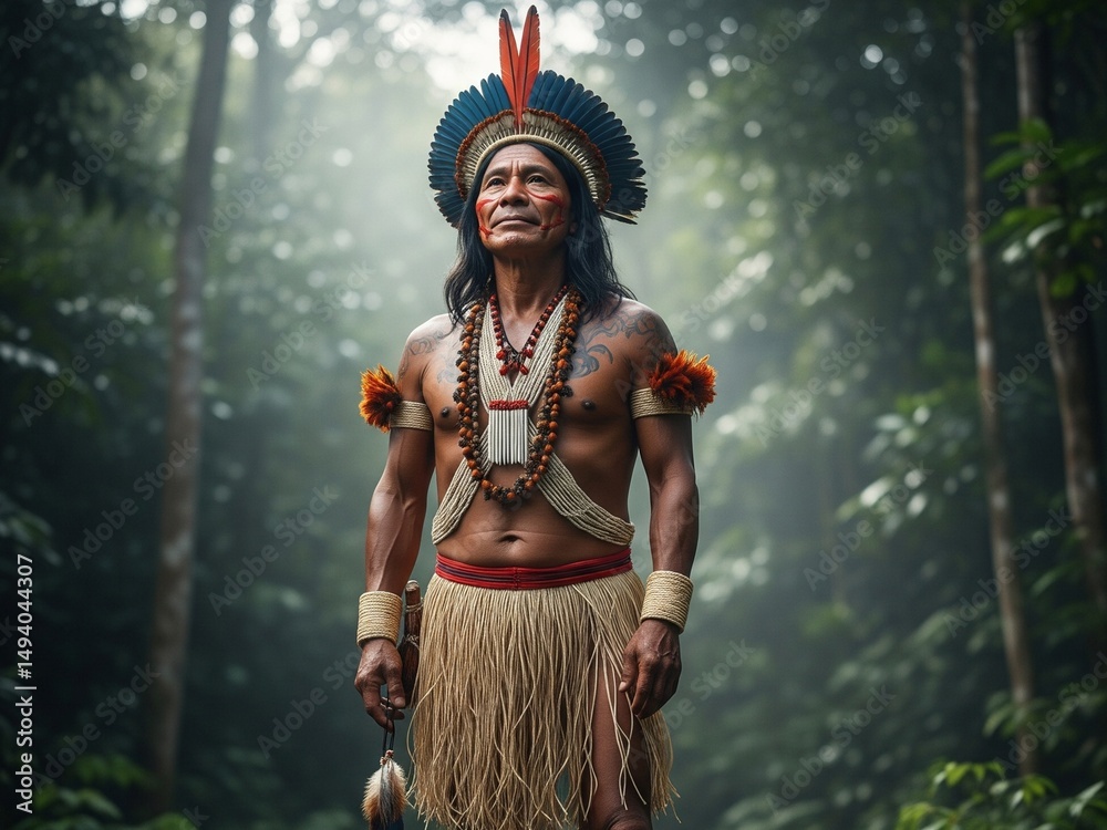 Thoughtful Brazilian indigenous man in the Amazon rainforest, wearing ...