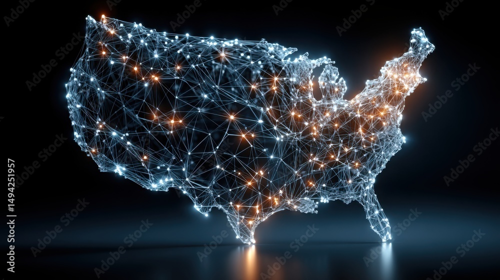 United states map with a network of connected lines representing ...