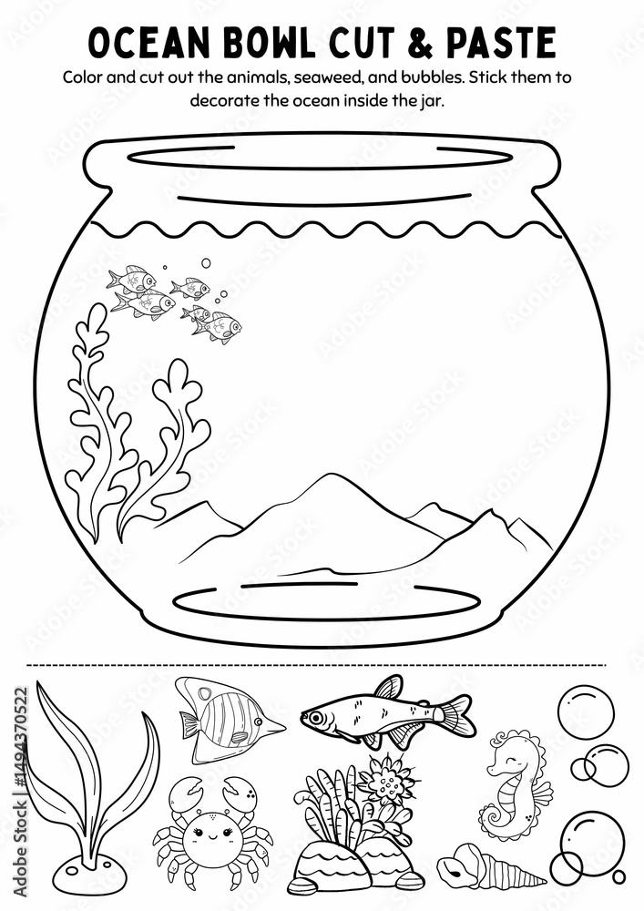 Ilustración de Stock Ocean Animal Bowl Craft | Cut and Paste Coloring ...