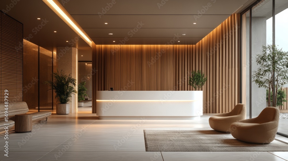 Luxury hospital front area with a minimalist design aesthetic, white ...