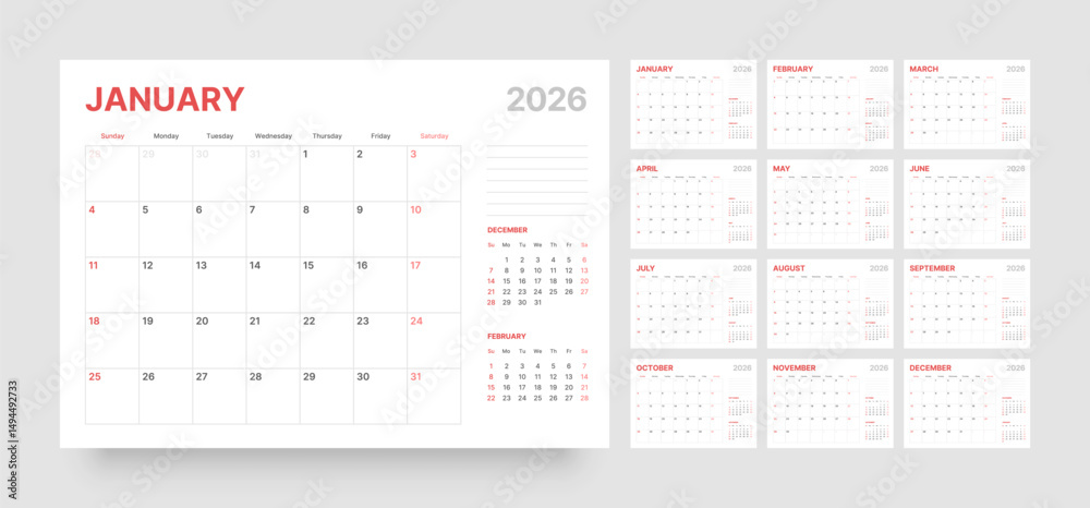 Monthly calendar layout for 2026 year. Diary planner for 2026 year ...