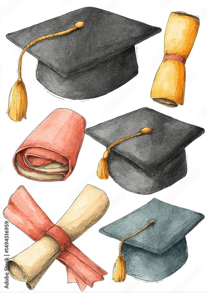 Graduation Clipart, Watercolor Graduation clip art. Grad cap, Diploma ...