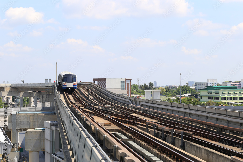 BTS Skytrain.Skytrain stops on train tracks.Mass transit system sky ...