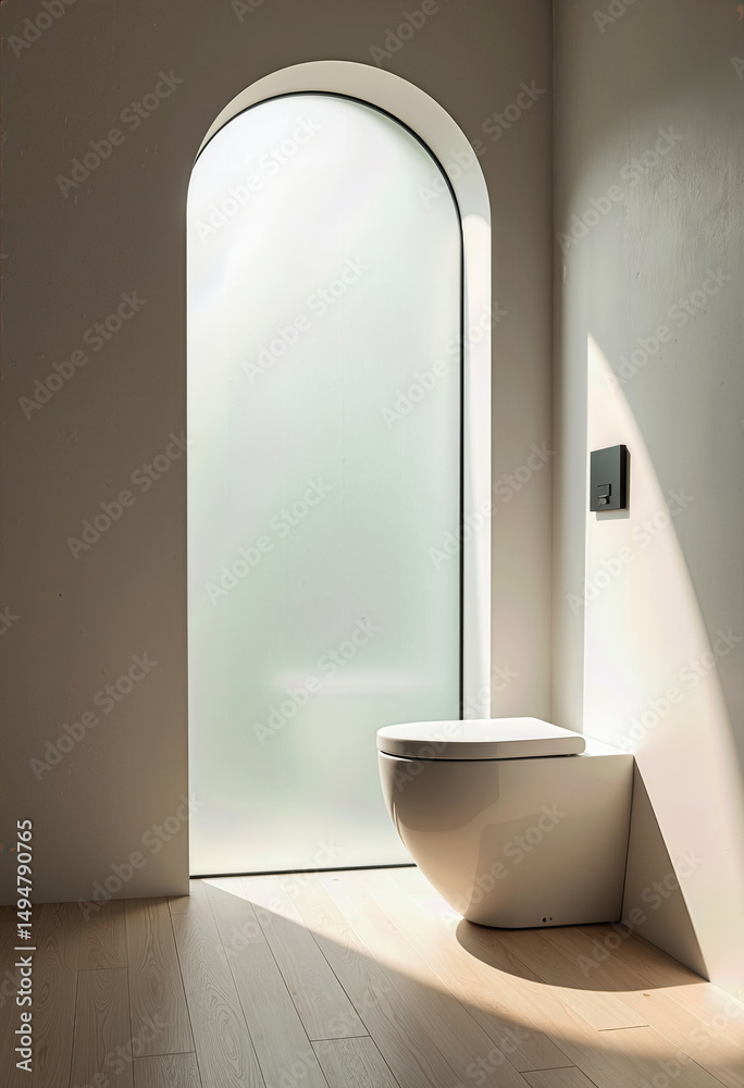 Minimalist toilet space with arched frosted window and soft daylight ...