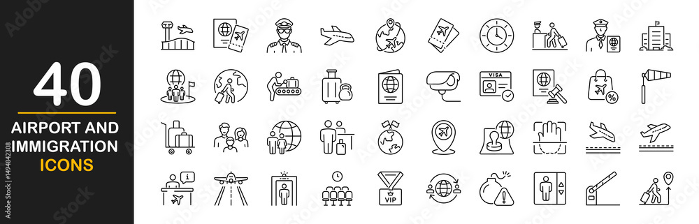 Airport and immigration icon set. Contains such icons as visa, passport ...