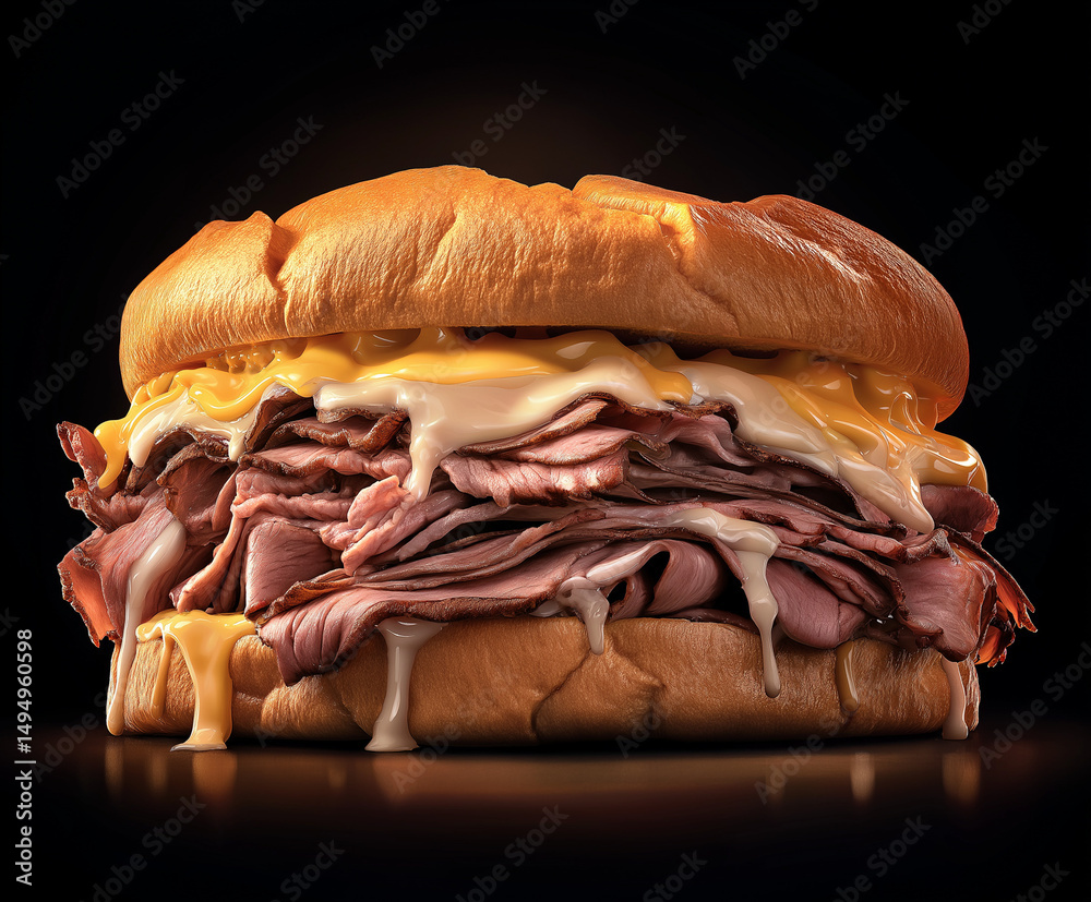 Cinematic extreme macro shot of an exploded view of a tall Arby’s roast ...