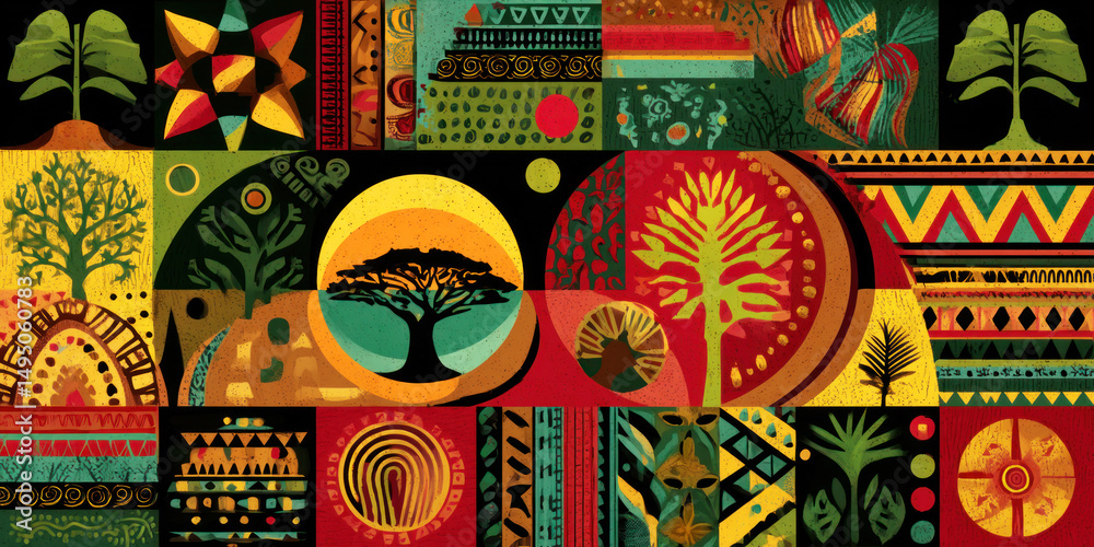 Colorful collage showcasing African-inspired designs with trees and ...
