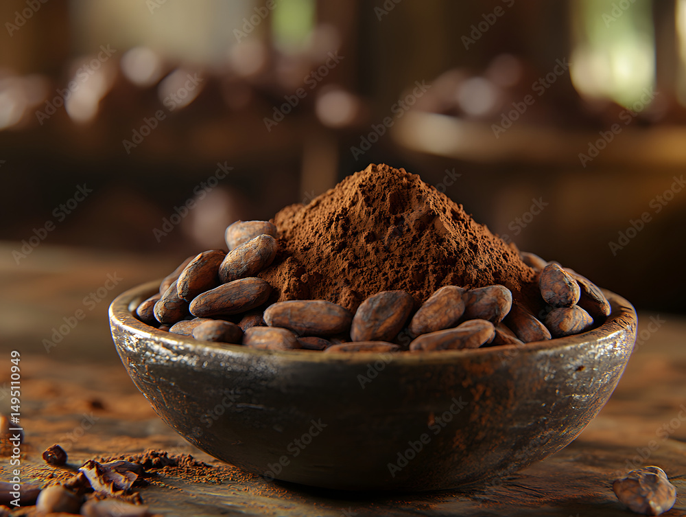 Chocolate making ingredients: cacao beans and cocoa powder. Raw ...