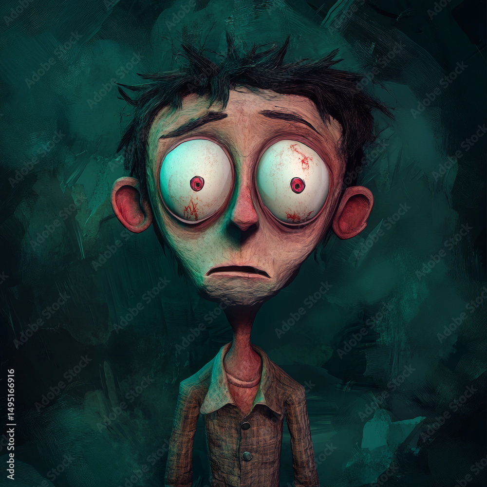 2D character trapped in a horror movie scene, showing fear and tension ...