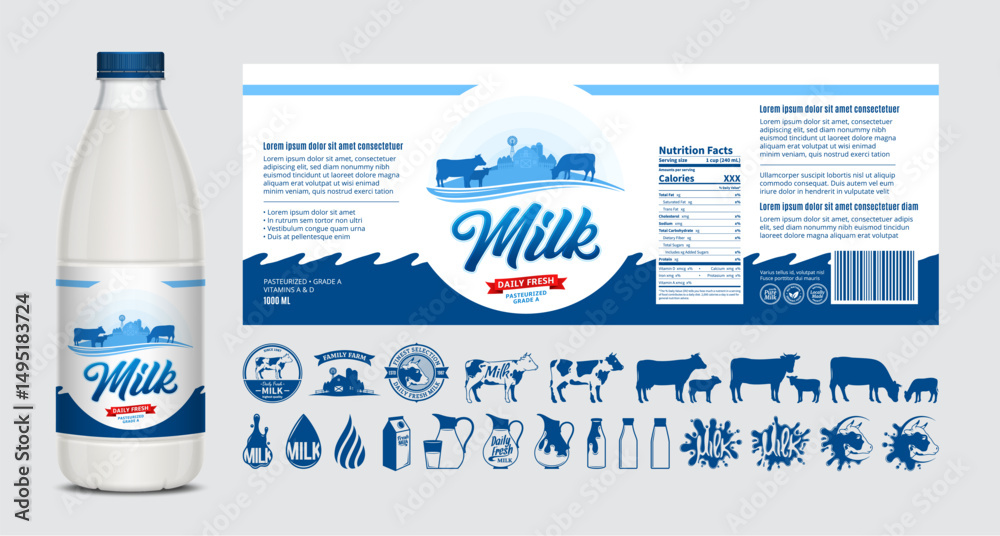 Vector milk label design, packaging design template. Milk bottle with ...