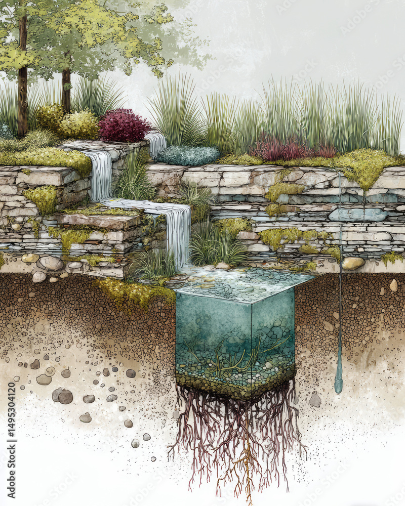 Cross-section of a lush urban rain garden with tiered rock layers and ...