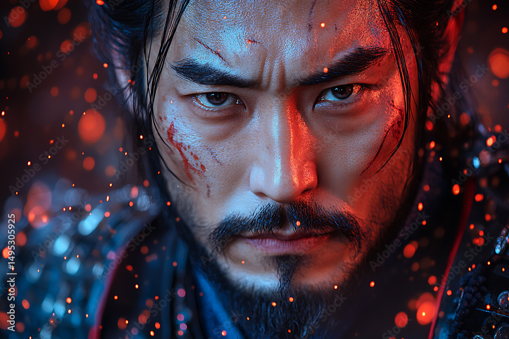 A glowing frame illustration of Oda Nobunaga, the legendary Japanese ...