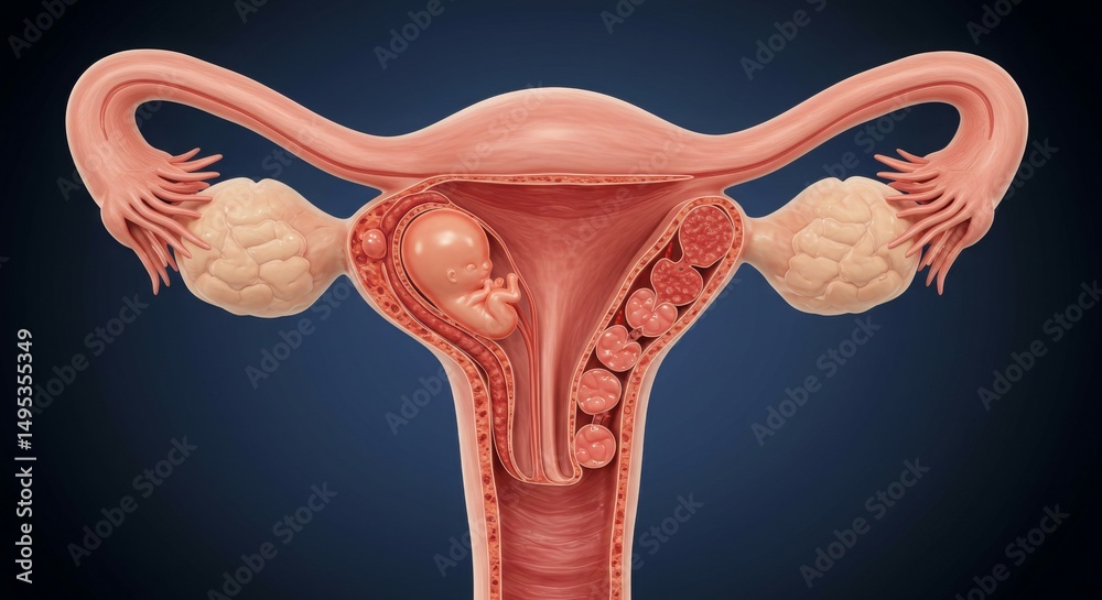 Diagram of the female reproductive system showing uterus, ovaries, and embryo. Stock ...