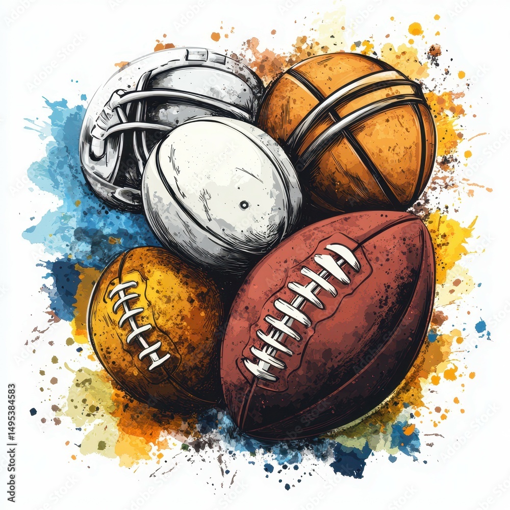 Sport balls in a vibrant splash of color showcasing a variety of ...