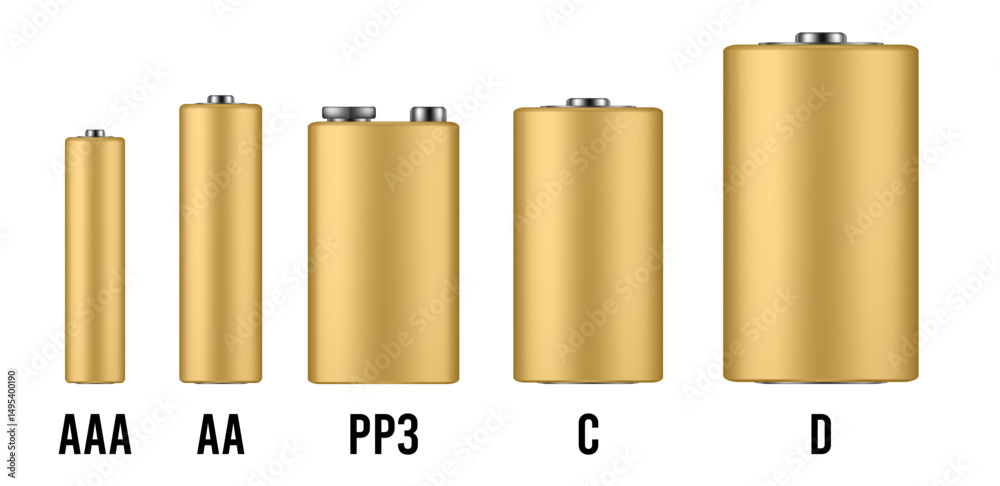 Image vectorielle Stock Gold battery mockup. Set of different types of ...