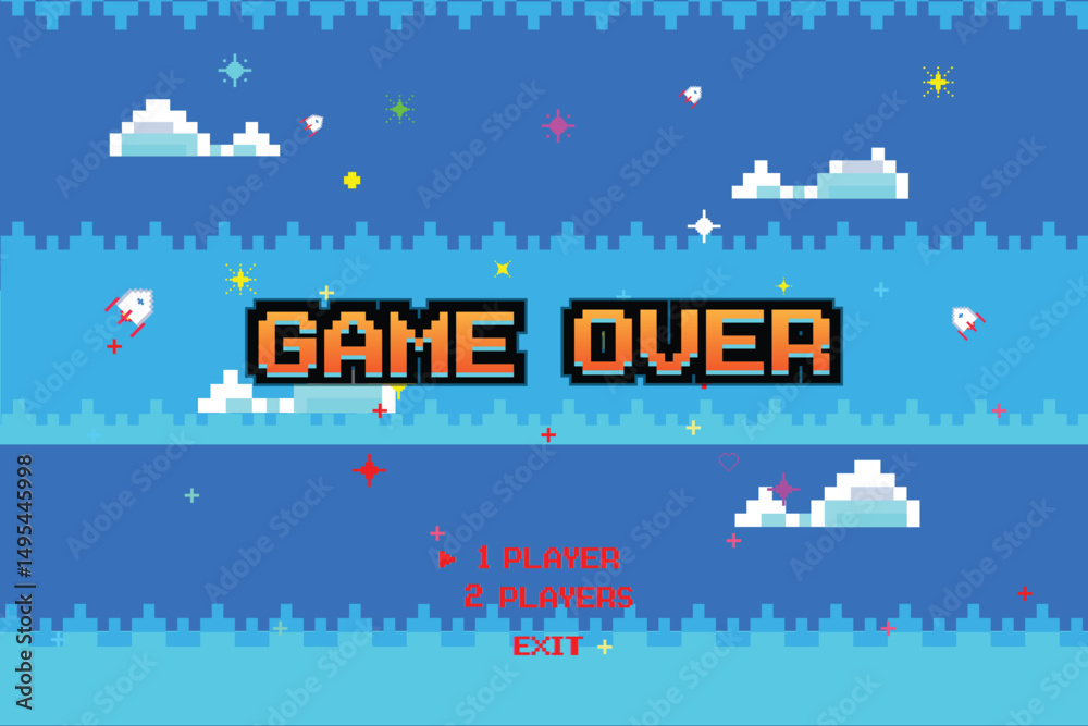game over, pixel game background, nature landscape with blue sky and ...