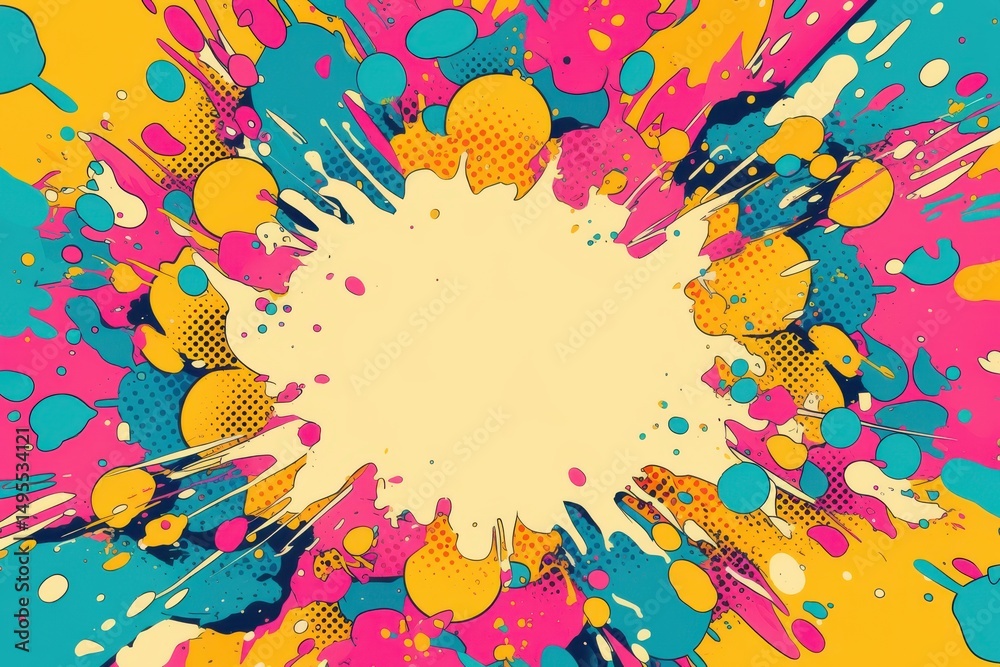 Retro pop art explosion with comic dot matrix pattern and bold color ...