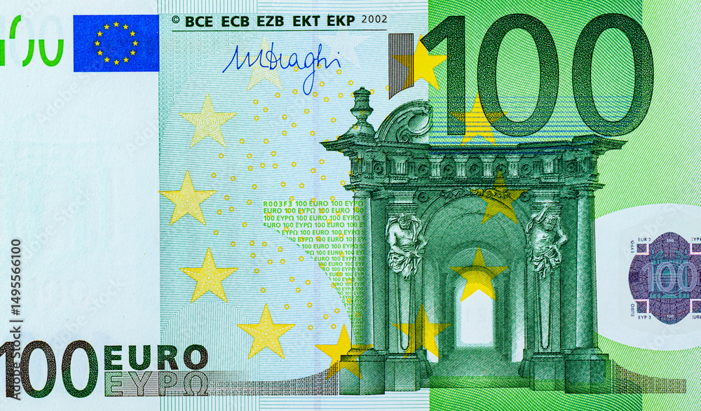 100 EURO 2002 banknotes. Baroque and Rococo architecture: Arch gate ...