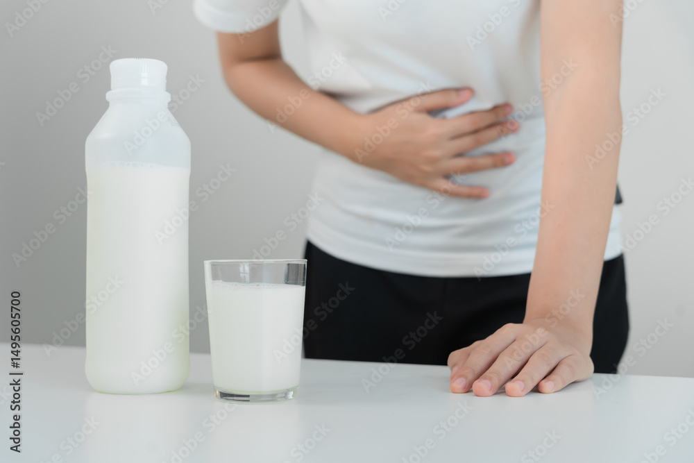 Milk allergens, Sick sad unhealthy ill allergic woman, runny stuffy ...