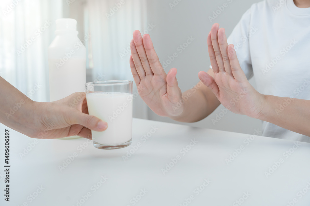 Milk allergens, woman confused milk, runny stuffy sore nose suffer from ...