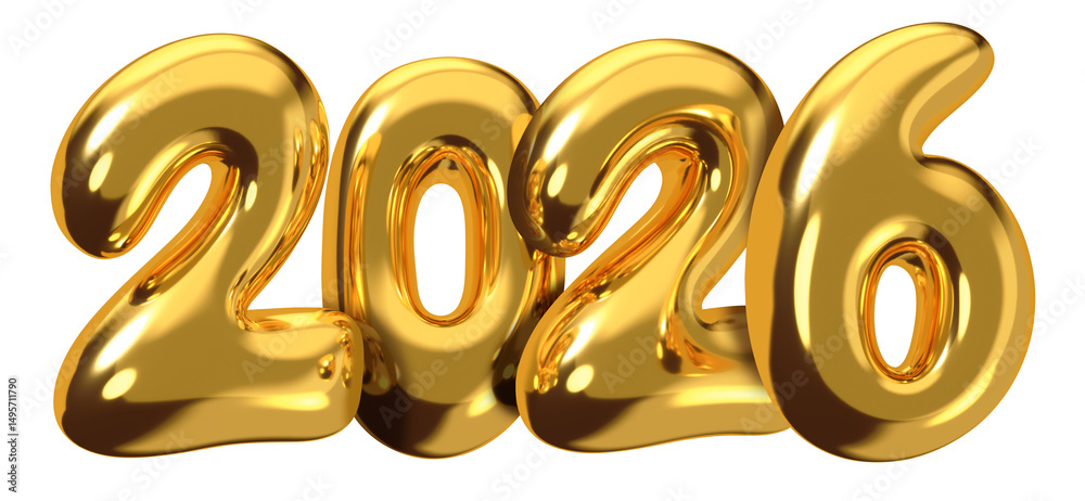 Happy New Year 2026 text design. 3d gold font. Inflatable letters with ...