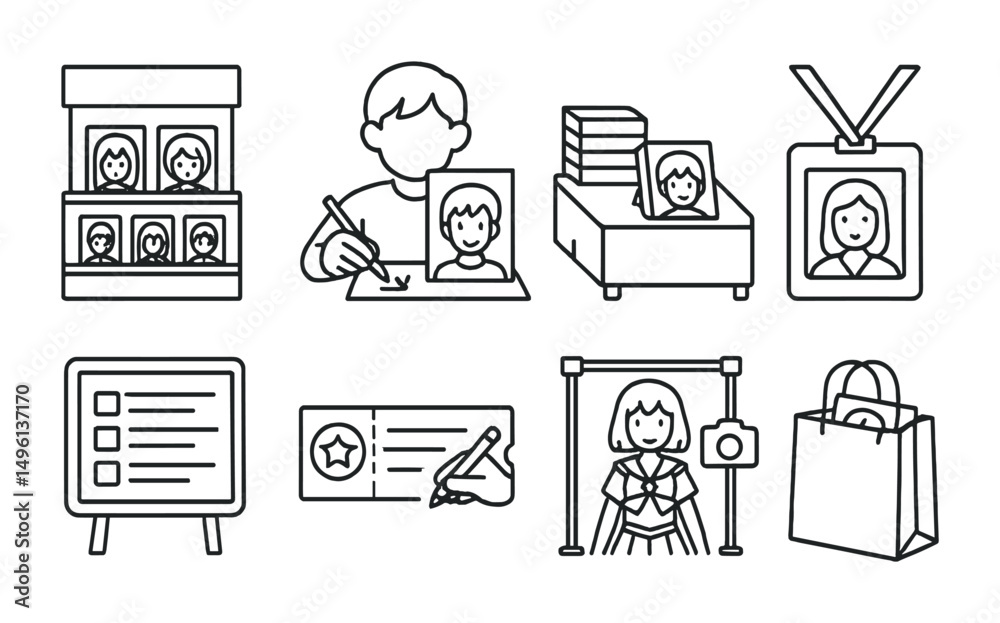 Line style icons of manga conventions: manga booth display, creator ...