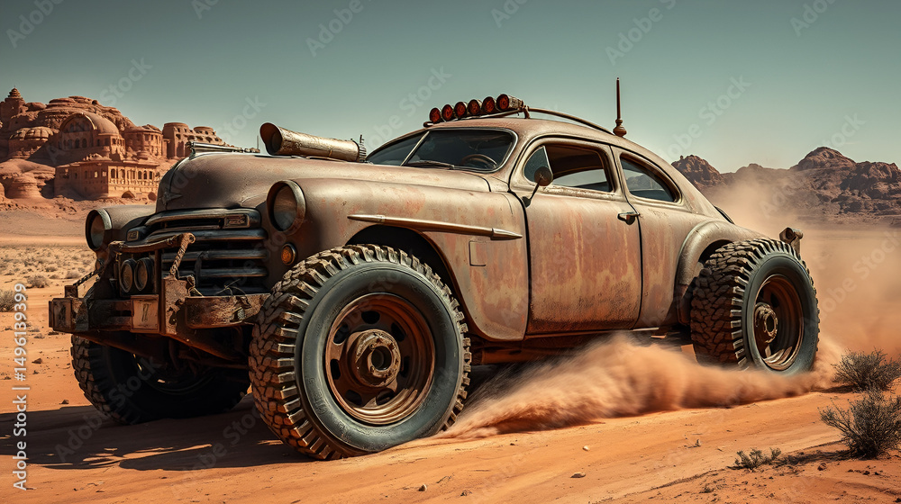 Rusty old apocalyptic monster car ridignt through desert Stock Photo ...