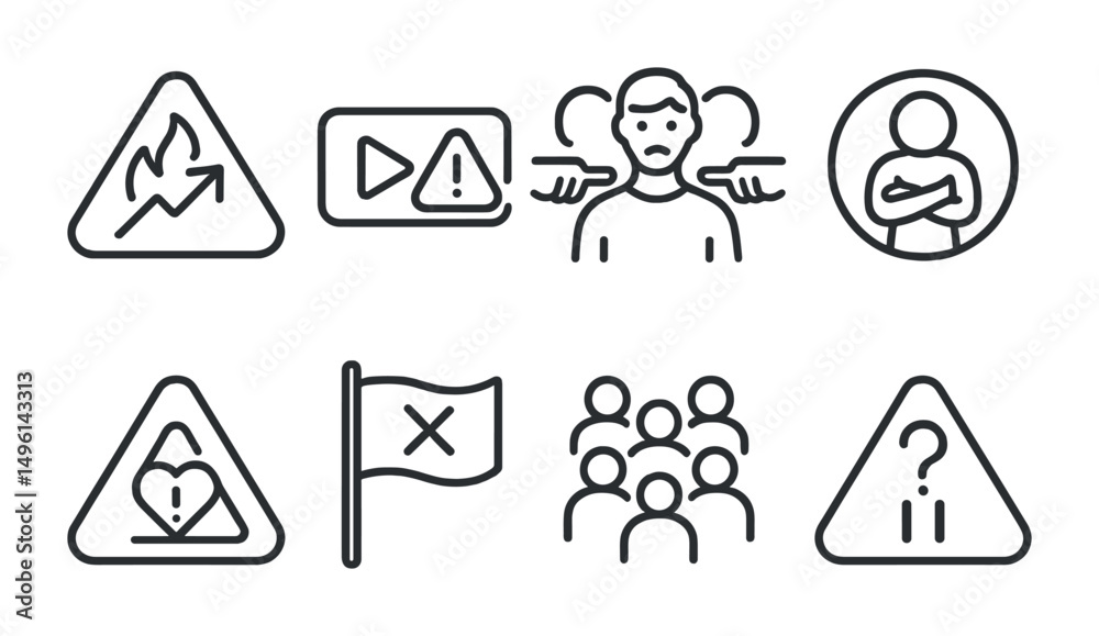 Line style icons of online challenge risks: trend warning icon, “viral ...
