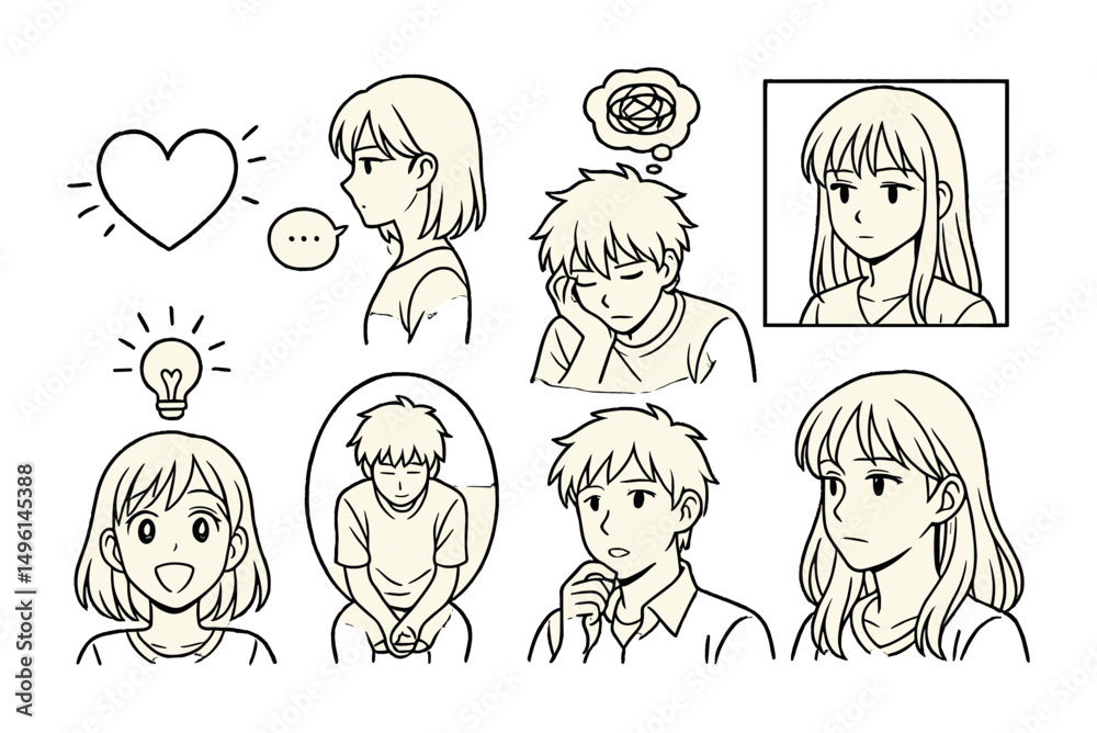 Line style icons of anime emotions in scenes: “heart racing” symbol ...