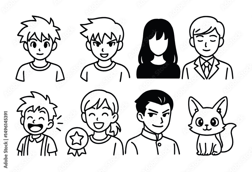 Line style icons of anime characters: main protagonist icon, rival with ...