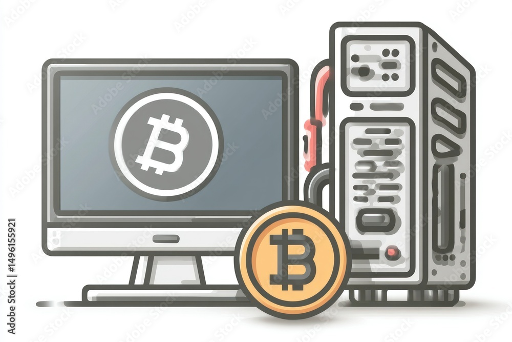Bitcoin Mining Setup with Computer and Digital Coin Display Stock Photo ...