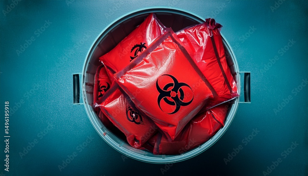 a hospital waste bin filled with red biohazard bags marked with warning ...