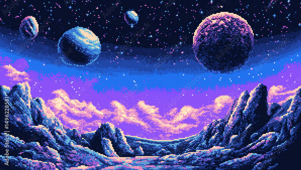 8-bit pixel art of a rocky alien terrain beneath floating planets and a ...
