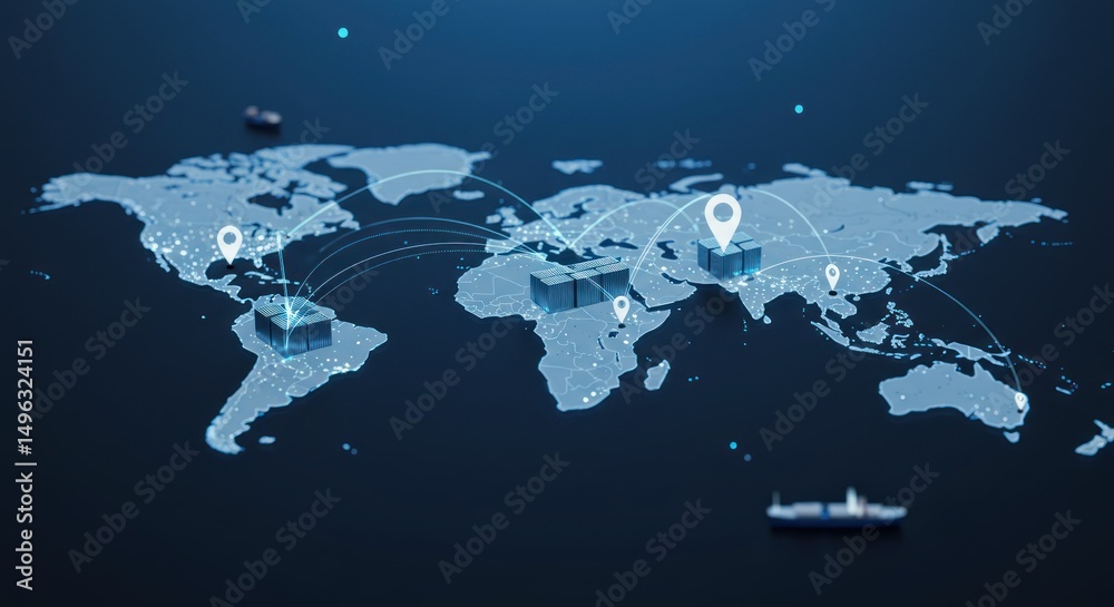 Global shipping network, interconnected world map, showing various ...