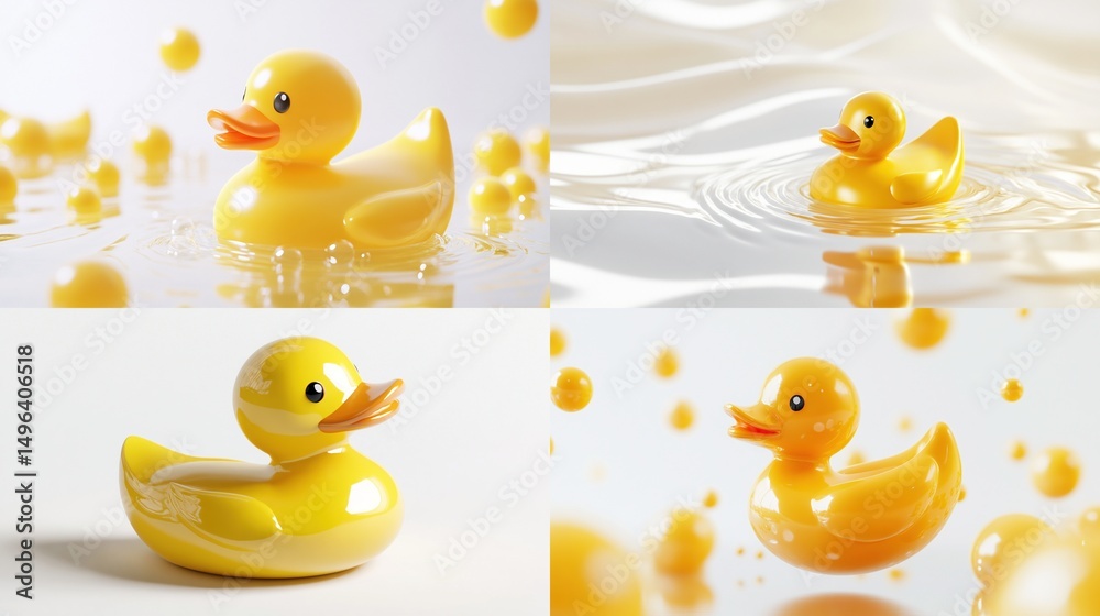 Four yellow rubber duckies in various stages of floating in water ...