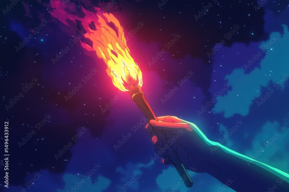 Illuminating the path with a torch under a starry sky in an enchanting ...